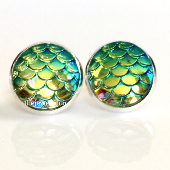 thejeweladdict | Jewelry | 3 For 5 Green Iridescent Mermaid Scale Studs | Poshmark